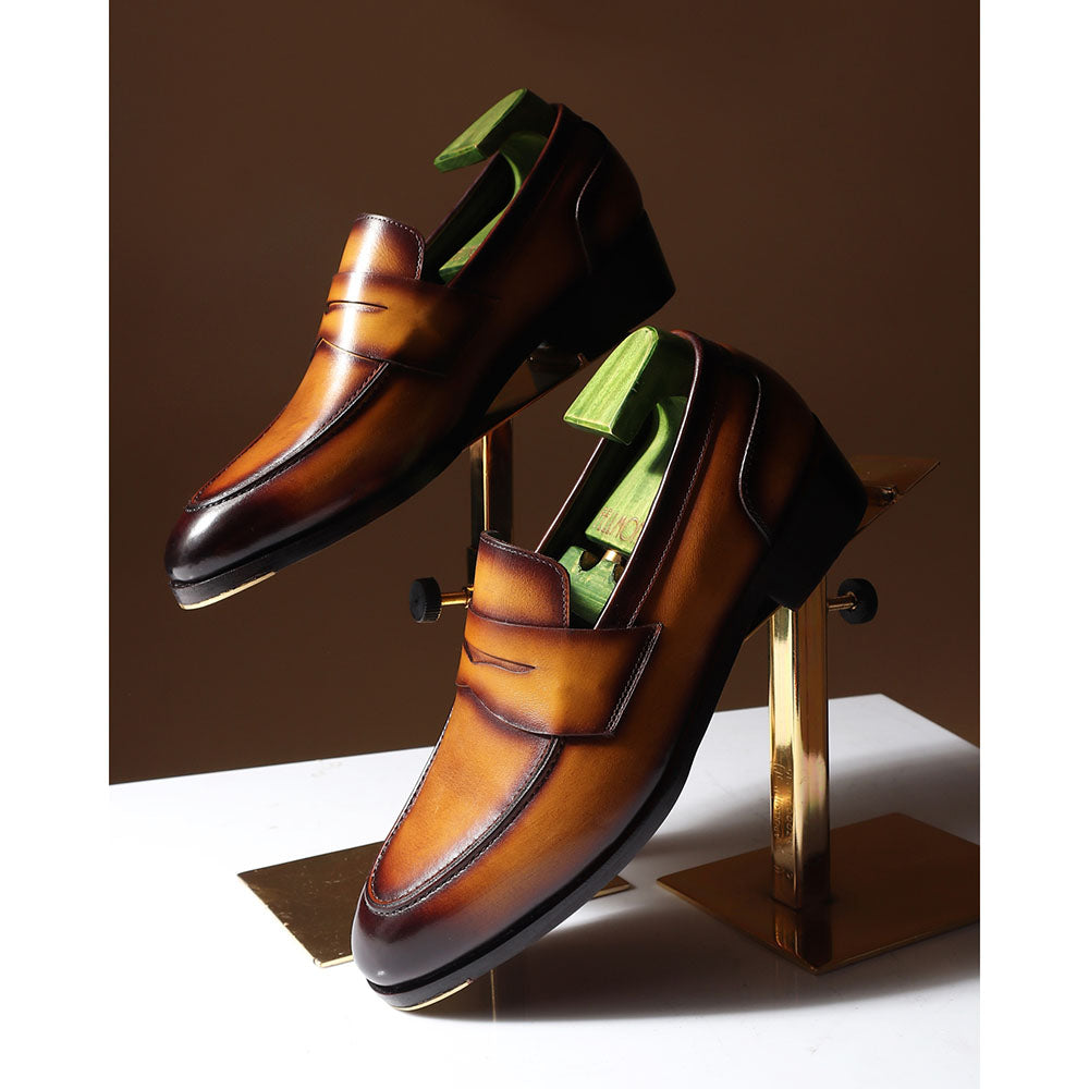 Tan Goodyear Welted Mirror Glossed Patina Modern Penny Loafer + Fiddle ...