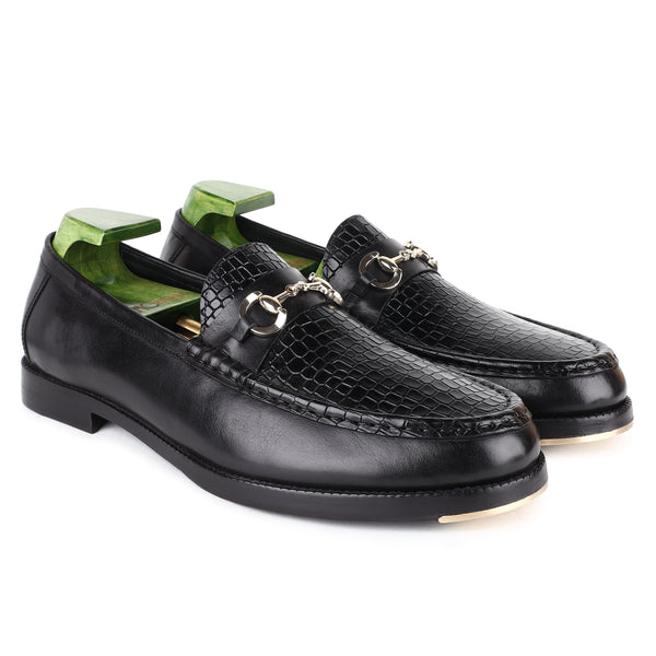 Black Mirror Glossed Croco Detail Buckle Mocassin + Metal Toe Plate ...