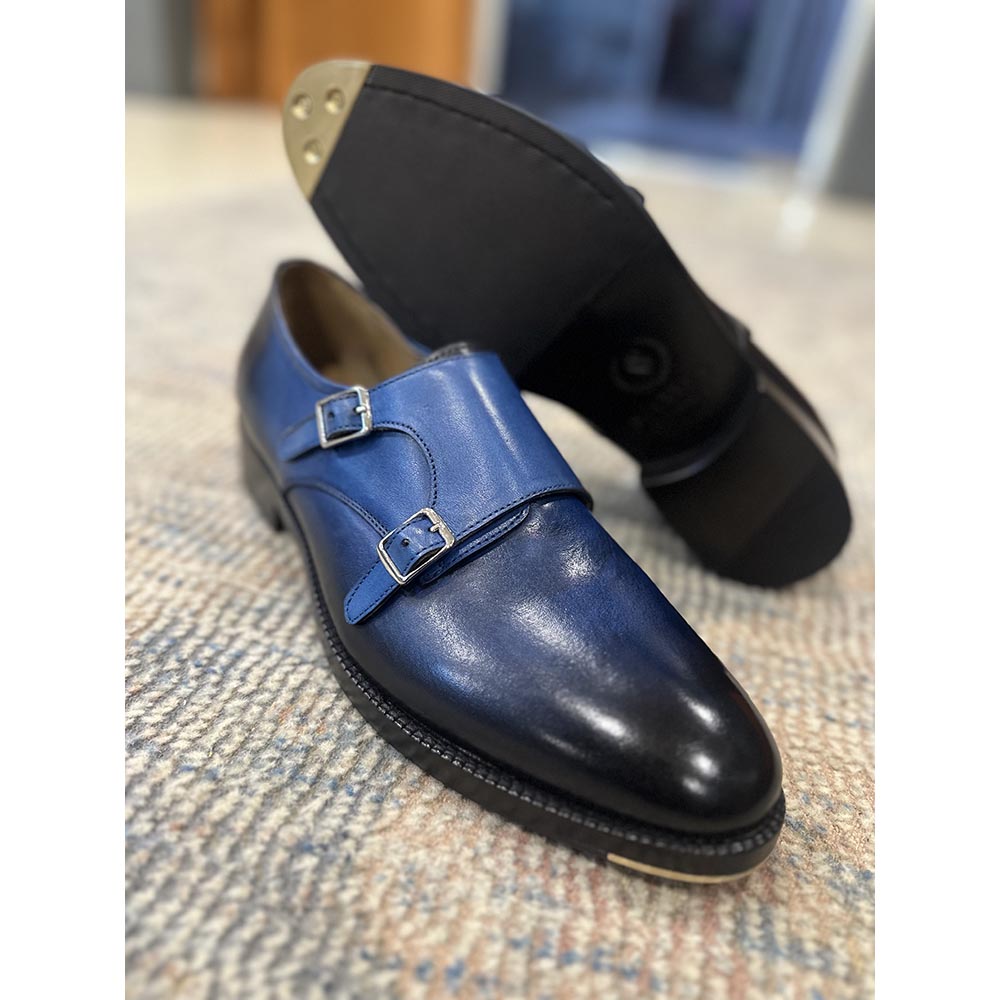 Blue Patina Mirror Glossed Double Monk Strap With Metal Toe Plate ...