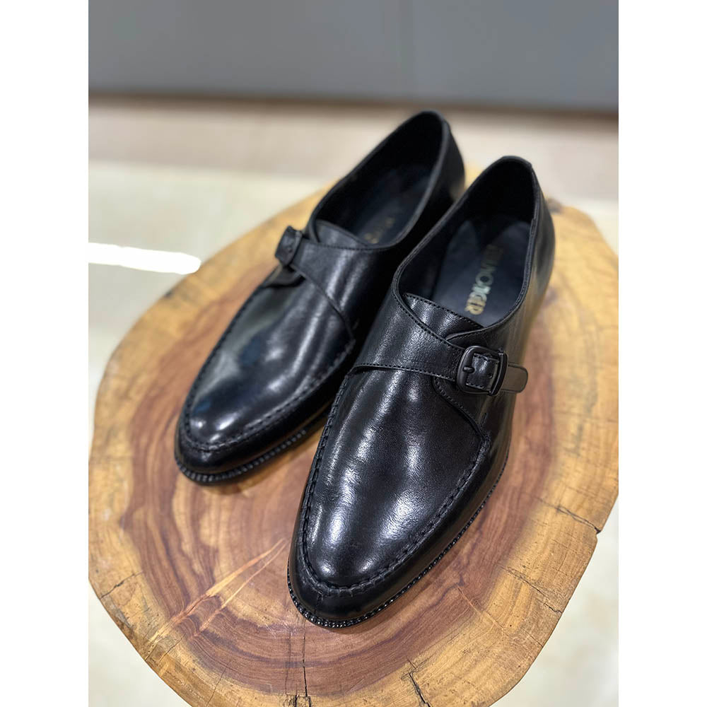 Black Mirror Glossed Single Monk Straps With Braided Detail – FELLMONGER