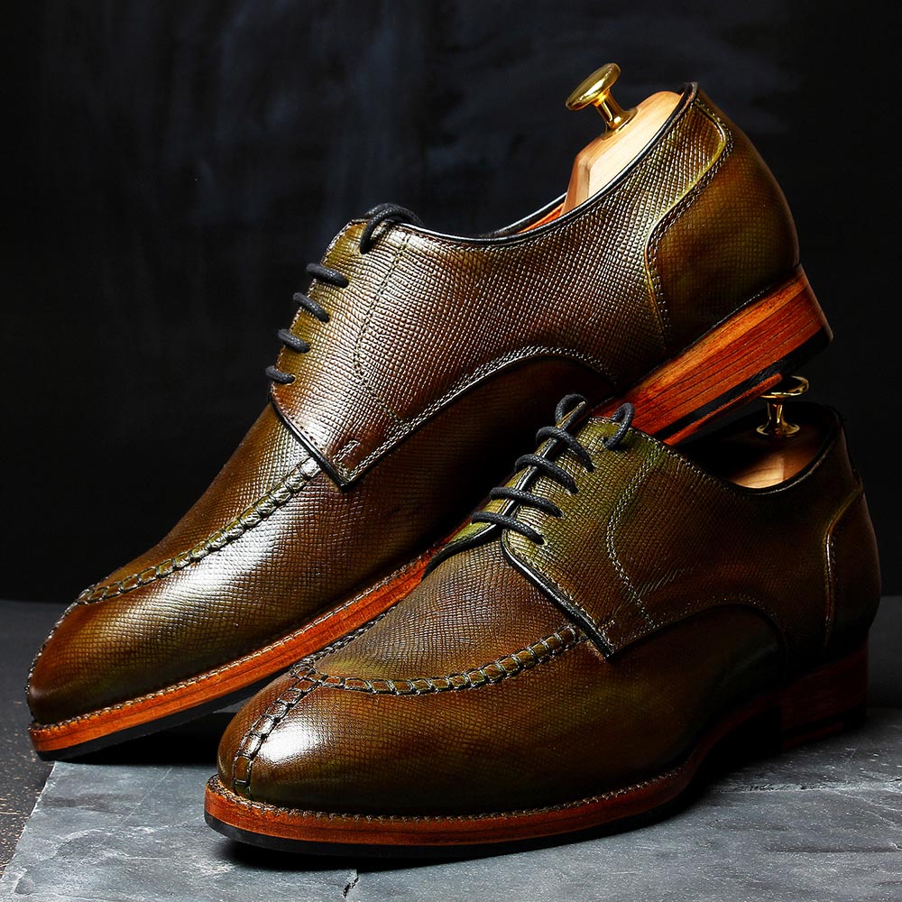 Green Patina Glossed Hatch Grain Split Toe Derby – FELLMONGER