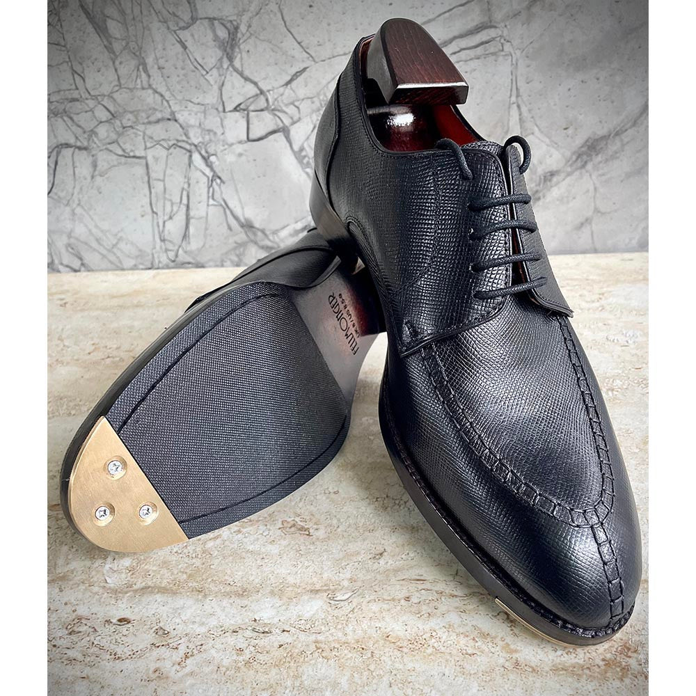 Black Glossed Hatch Grain Split Toe Derby With Metal Toe Plate – FELLMONGER