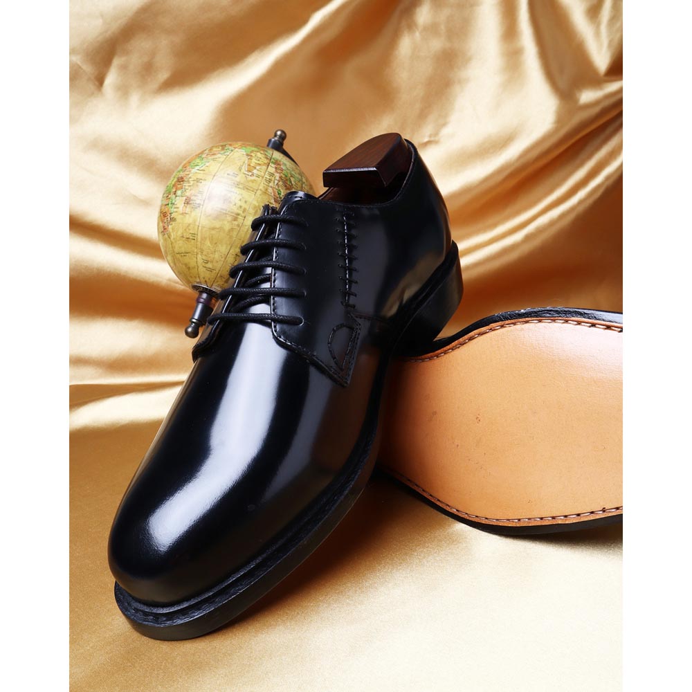 Brushed Black Calf Goodyear Welted Derby with Stitch Detail with Wide ...