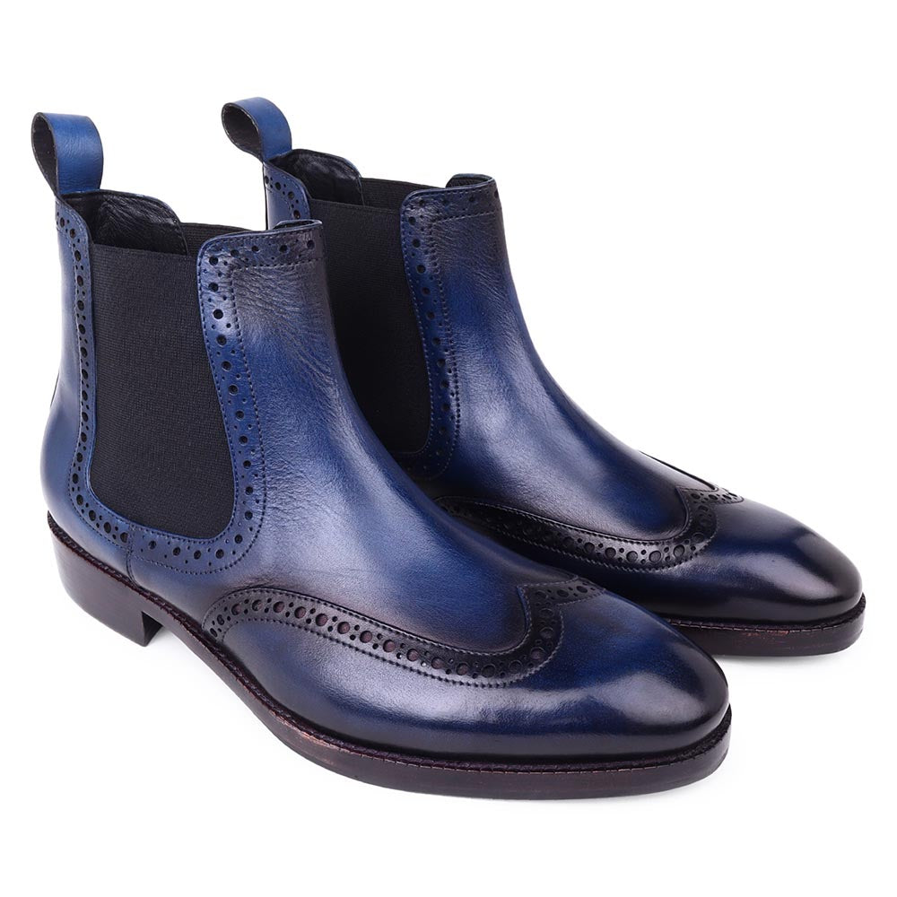 Blue Mirror Glossed Patina Handpainted Wingtip Chelsea Boots – FELLMONGER