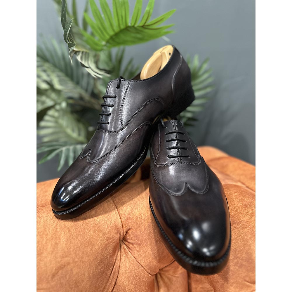 Grey Mirror Glossed Patina Stitch Detail Wingtip Oxford – FELLMONGER